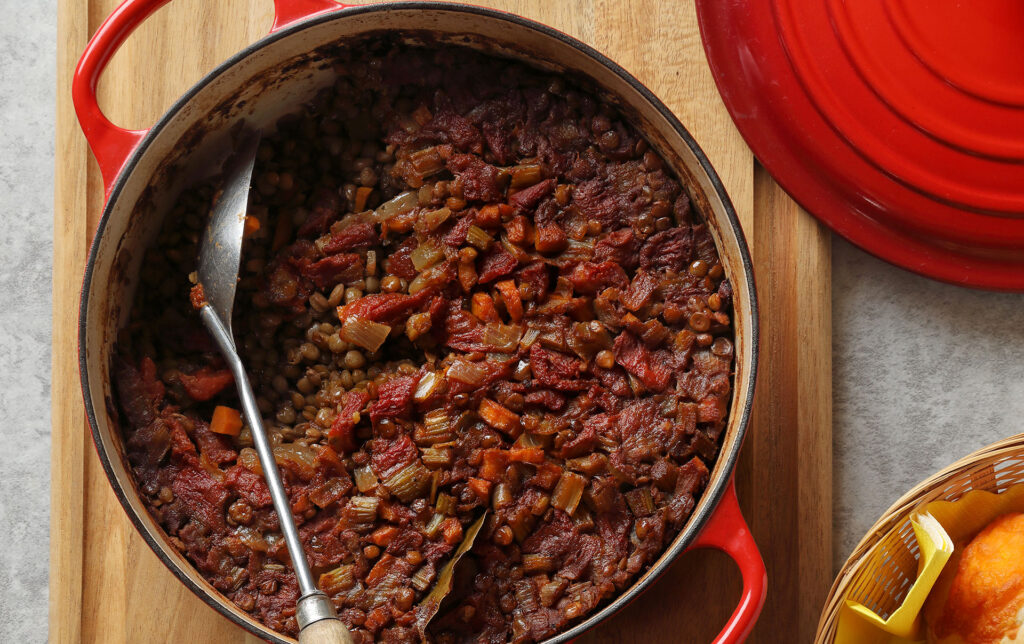 Aunt Mabel's Haystack Baked Lentils - Hello Canola